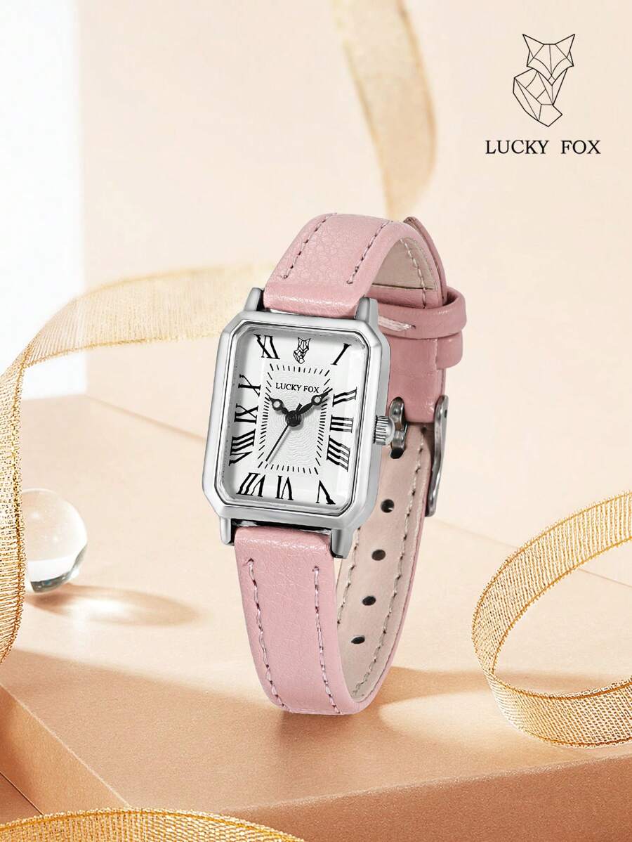 1ชิ้น Luckyfox นาฬิกาสายหนังสำหรับวัยรุ่น ไลฟ์สไตล์แบบง่าย ๆ หน้าปัดสี่