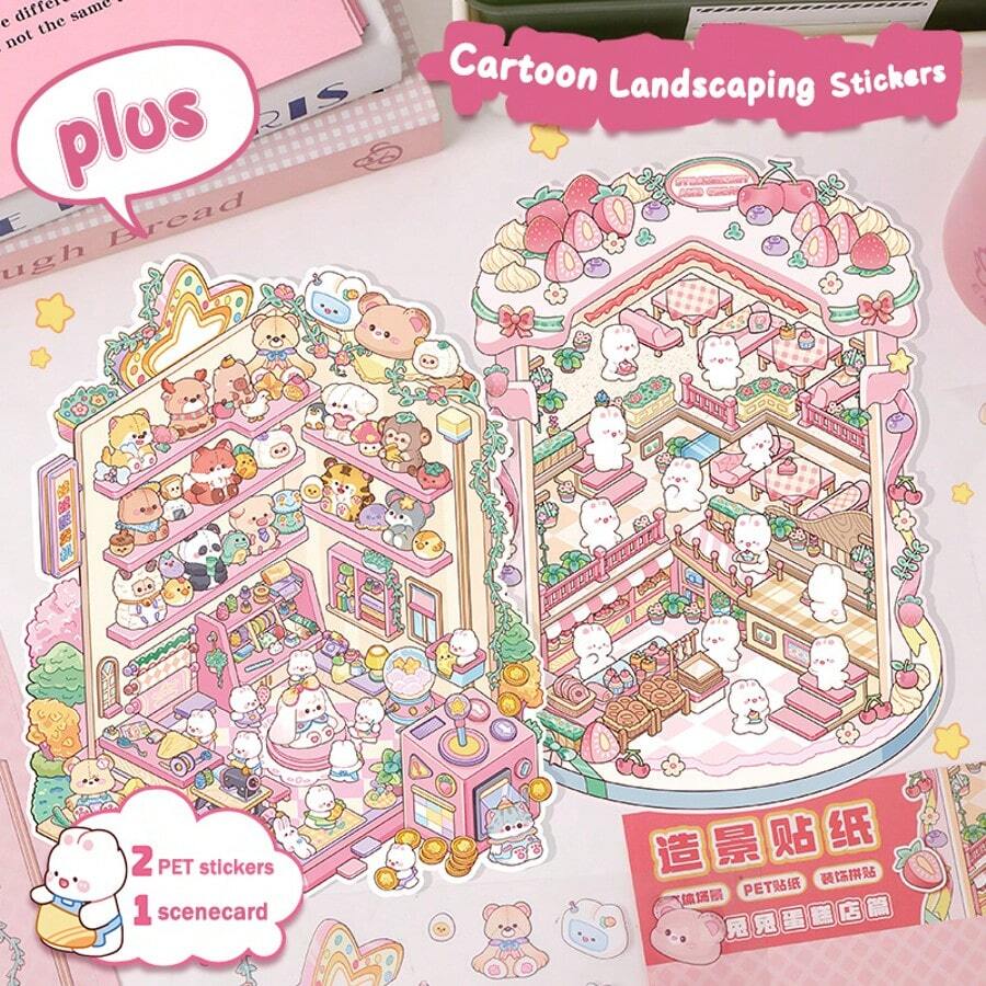 Stickers *3 + Scene Card *1 Cartoon 3D Stereoscopic Miniature Scene ...