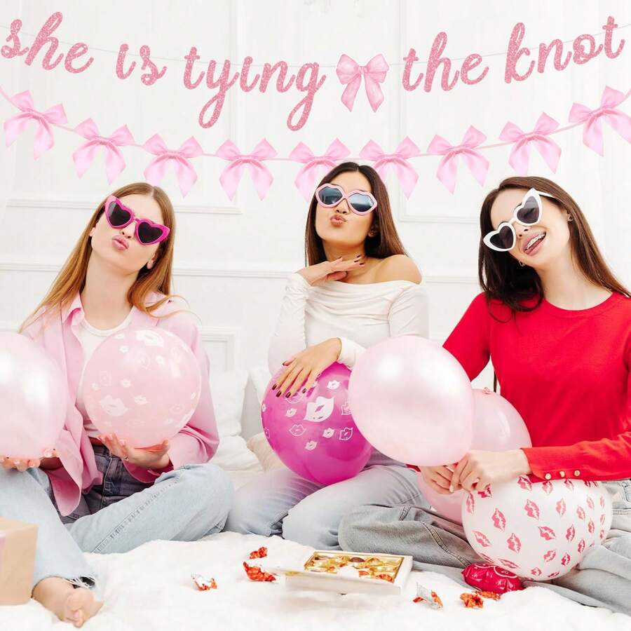 Pink Bow Banner Garland, She's Tying The Knot Banner For Room Decor ...