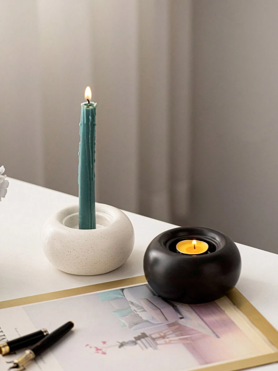 1pc Round Ceramic Hand-Held Candle Holder, Black & White Simple Style ...