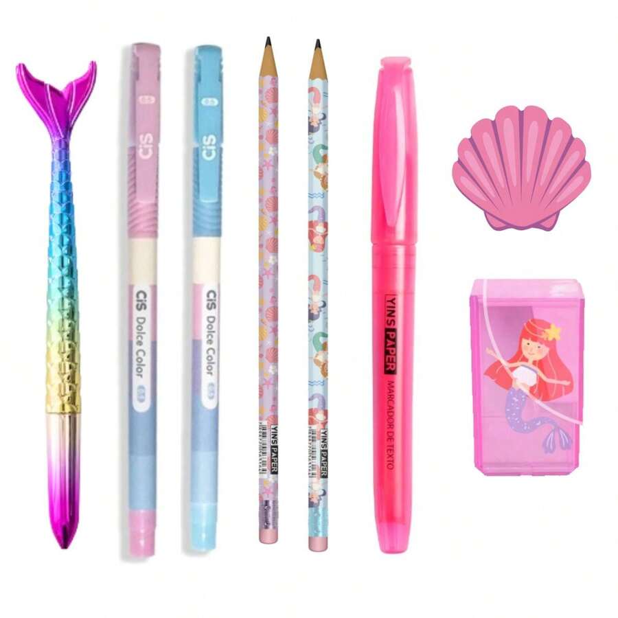Cute Mermaid Stationery Kit Kawaii Sea Pencil Eraser Sharpener Pen Cute ...
