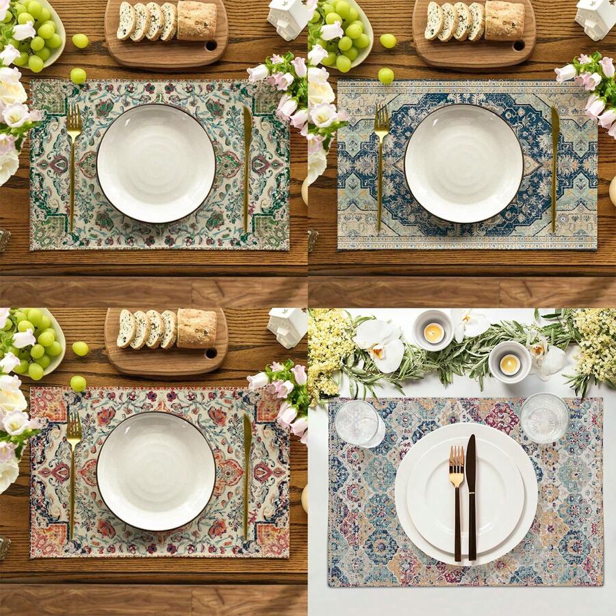Boho Placemats Set Of 4/2/1 Pc, Daily Green Floral Bohemian Fall Table ...