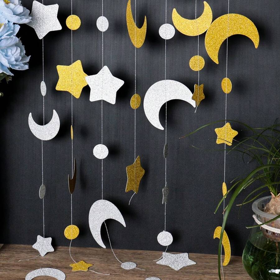 3M Gold Silver Color Moon & Stars Garlands,Double-Side Crescent And ...