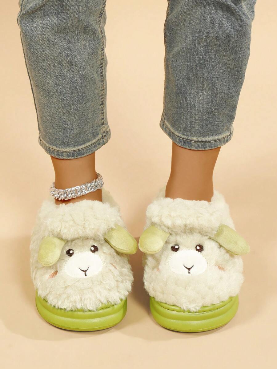 Women's Cute Sheep Slippers, Thick Sole Indoor Warm Anti-Slip Plush Fur ...
