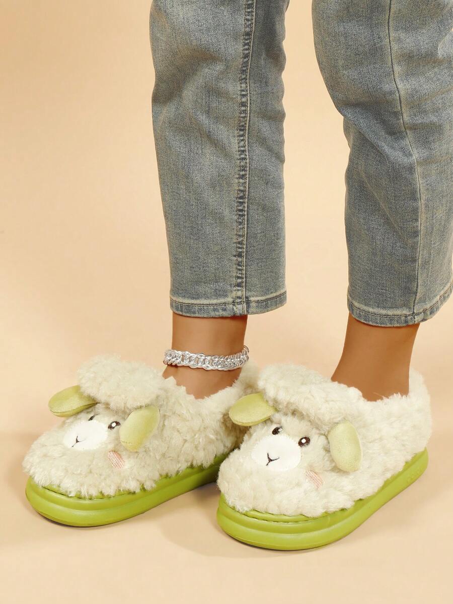 Women's Cute Sheep Slippers, Thick Sole Indoor Warm Anti-Slip Plush Fur ...
