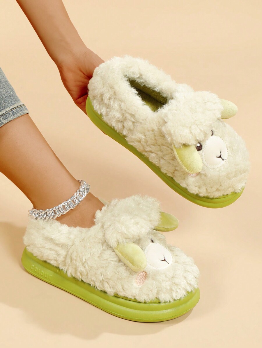 Women's Cute Sheep Slippers, Thick Sole Indoor Warm Anti-Slip Plush Fur ...