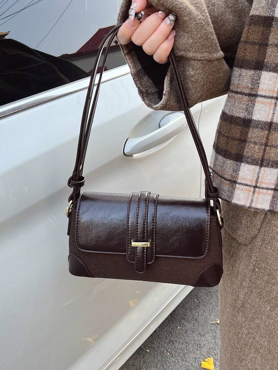 1pc Coffee Brown Suede & PU Patchwork Elegant Minimalist Vintage Metal ...