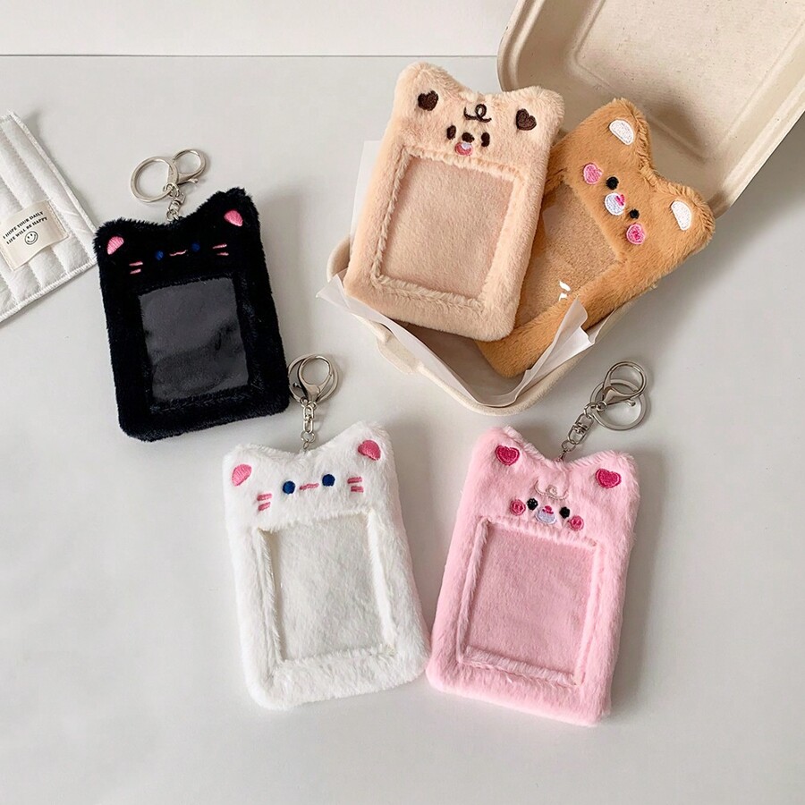 Cute Plush Kpop Photocard Holder With Keychain, Cartoon Bear Bunny Pig ...