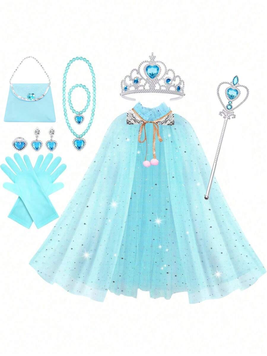 11-Piece Princess Cloak, Sky Blue, Heart Shape, With Princess Crown ...