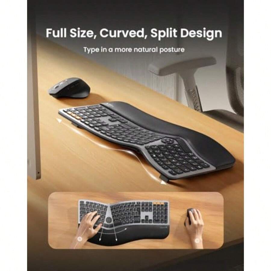 Ergonomic Wireless Keyboard Mouse Combo Full Size Ergo Bluetooth Split ...
