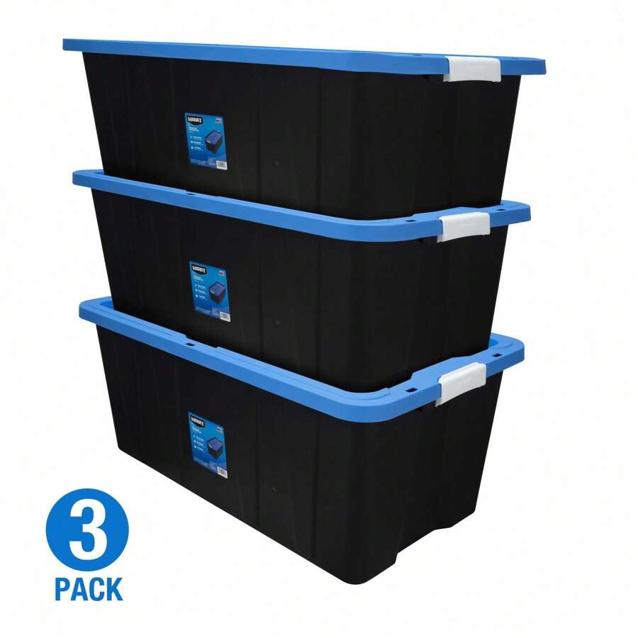 40 Gallon Latching Plastic Storage Bin Container, Black With Blue Lid ...
