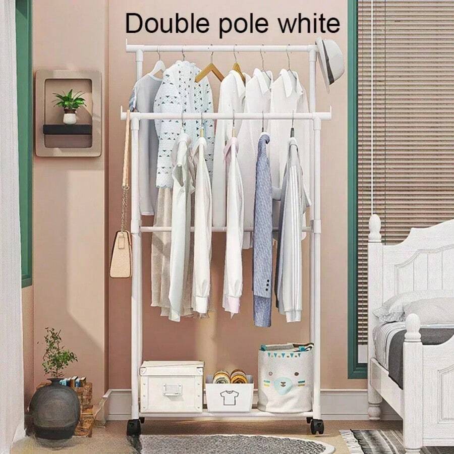Coat Rack Movable Double Clothes Shelf Simple Rod Clothes Floor ...