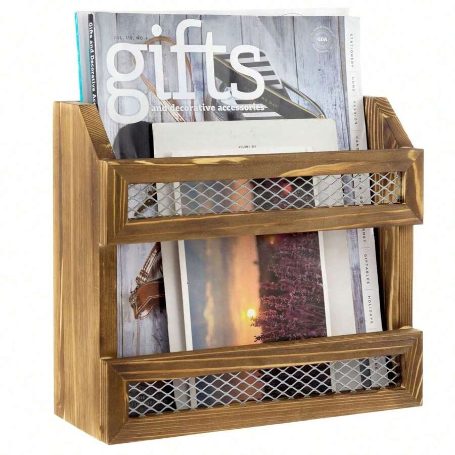 Rustic Burnt Solid Wood Magazine Holder With Decorative Chicken Wire ... Rustic Burnt Solid Wood Magazine Holder With Decorative Chicken Wire ...