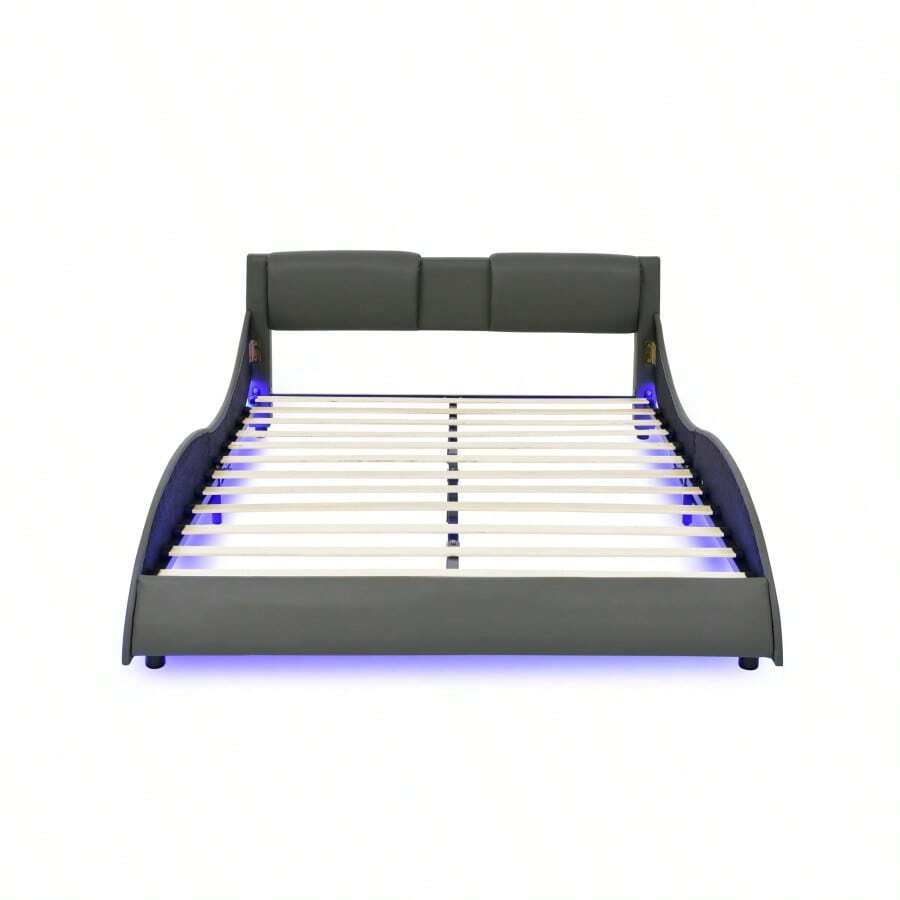 Queen Led Bed Frame Modern Faux Leather Upholstered Platform Bed Frame ...