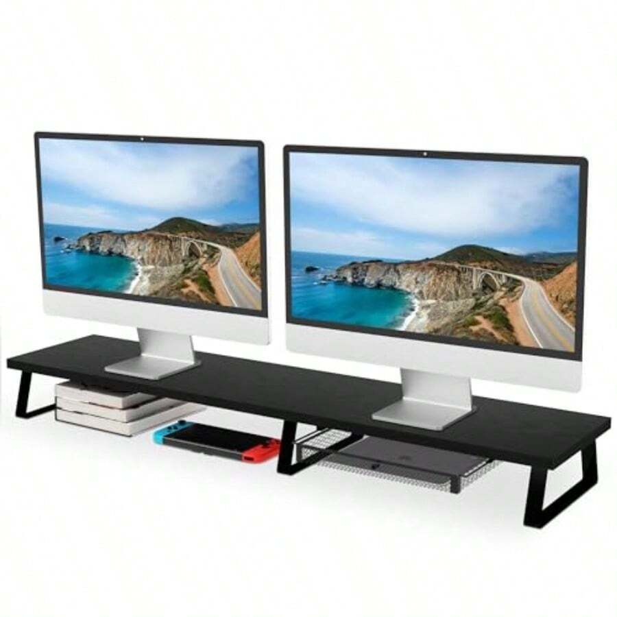 Large Dual Monitor Stand Riser Wooden Computer Desk Stand Metal Legs ...