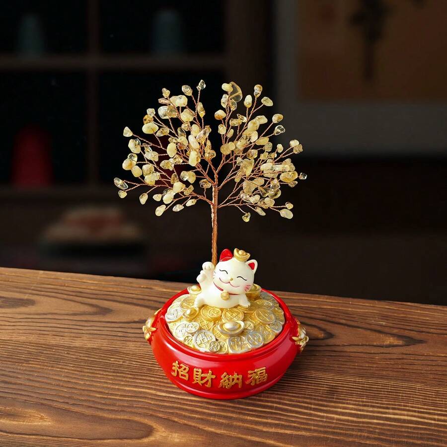 1PC Natural Crystal Tree Energy Stone Money Lucky Cat Tree Copper Wire ...