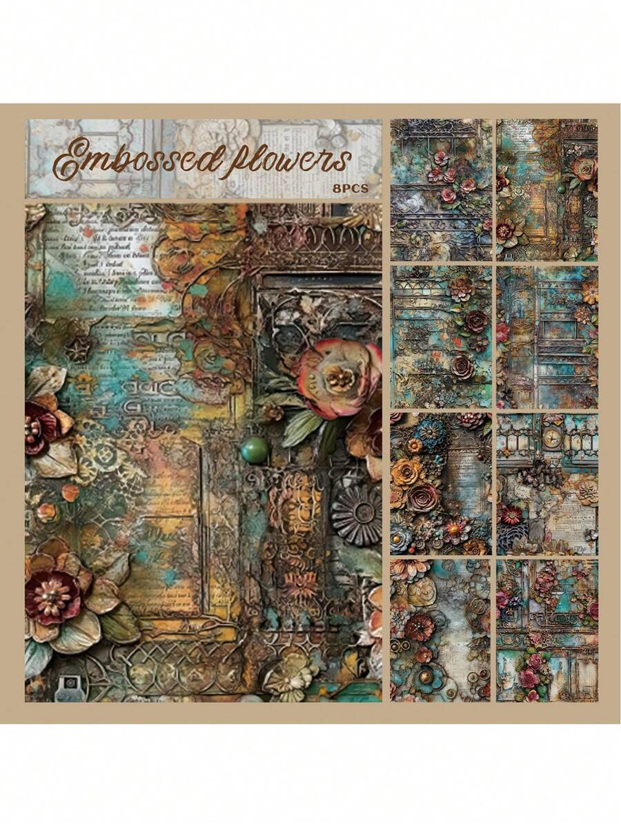 8 Pcs Aesthetics Embossed Flower Scrapbook Paper For DIY Crafts ...