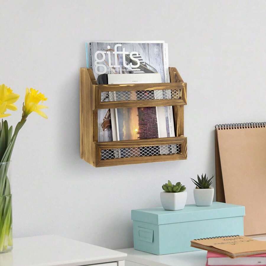 Rustic Burnt Solid Wood Magazine Holder With Decorative Chicken Wire ... Rustic Burnt Solid Wood Magazine Holder With Decorative Chicken Wire ...
