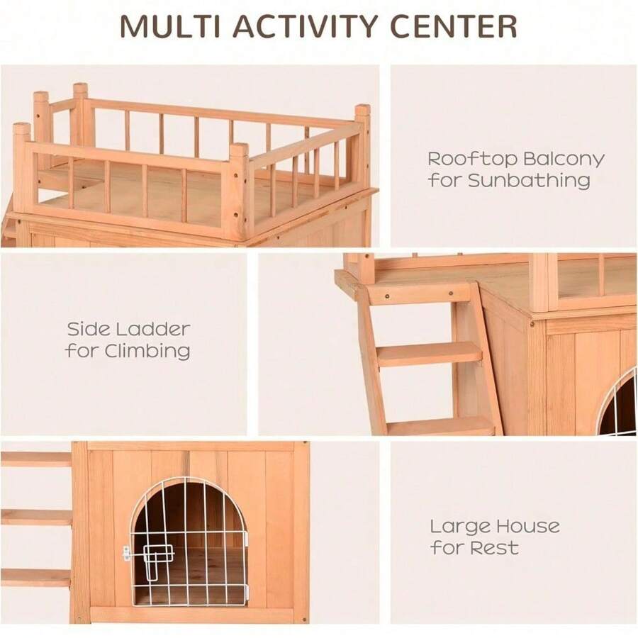 2-Level Elevated Waterproof Outdoor Wooden Treehouse Cat Shelter With ...