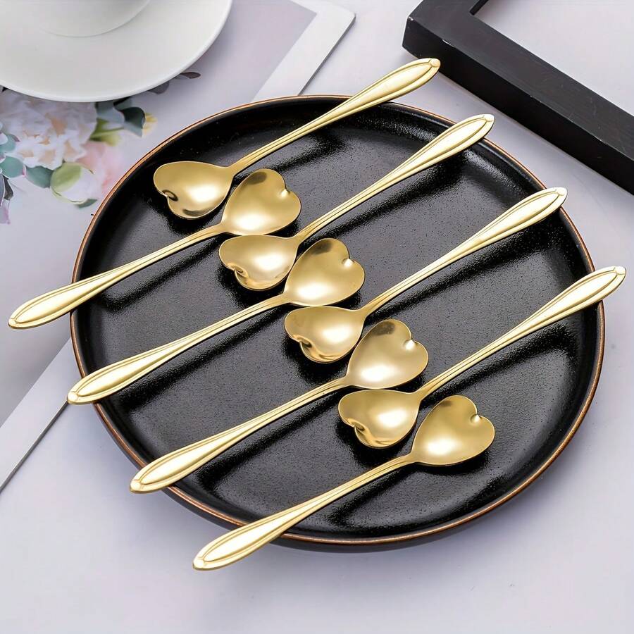 10pcs Stainless Steel Heart-Shaped Ice Spoon - Golden Mixing Spoon ...