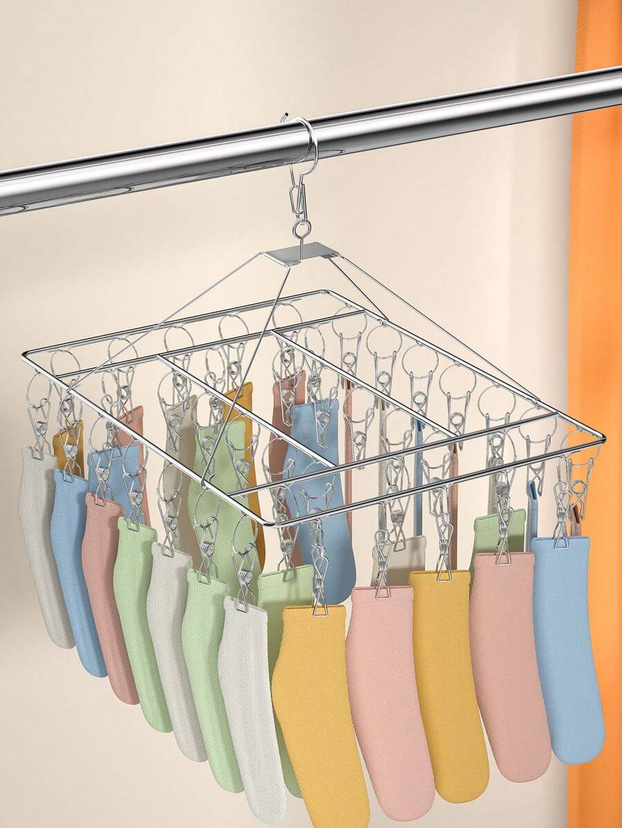 1 Pc Stainless Steel Sock Drying Rack With Multiple Clips Swivel Hooks ...