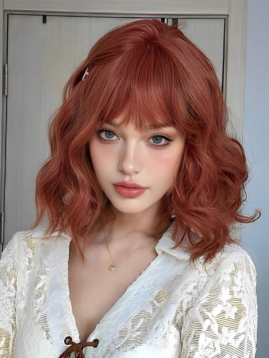 12 INCH Red Brown Short Wavy Hair Synthetic Heat-Resistant Wig Women's ...