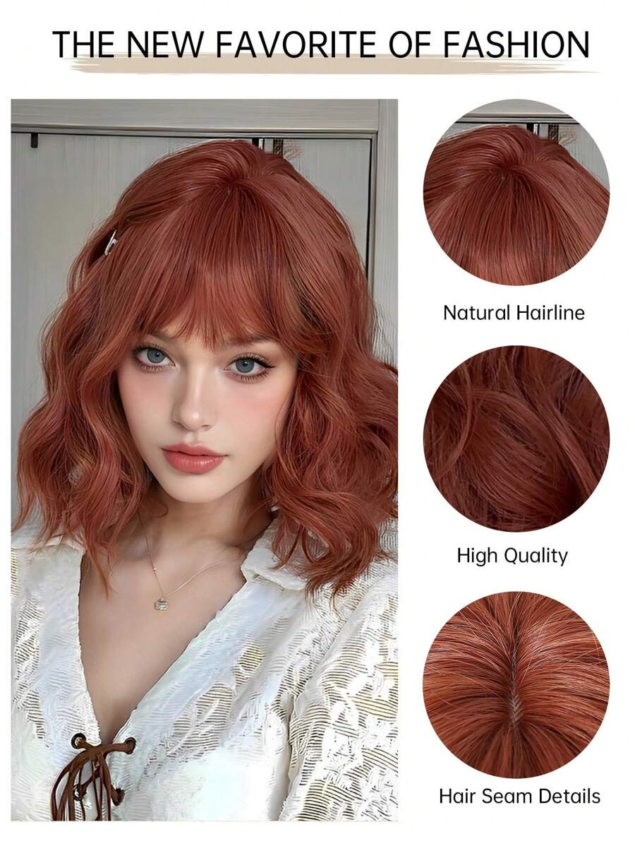 12 INCH Red Brown Short Wavy Hair Synthetic Heat-Resistant Wig Women's ...