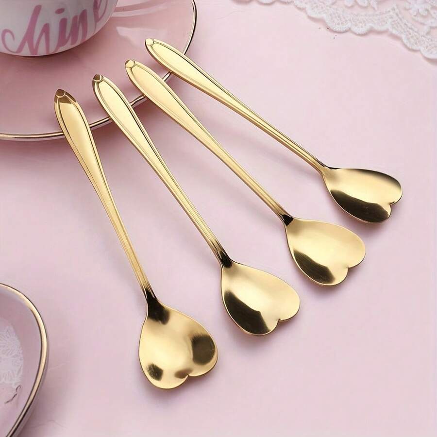 10pcs Stainless Steel Heart-Shaped Ice Spoon - Golden Mixing Spoon ...