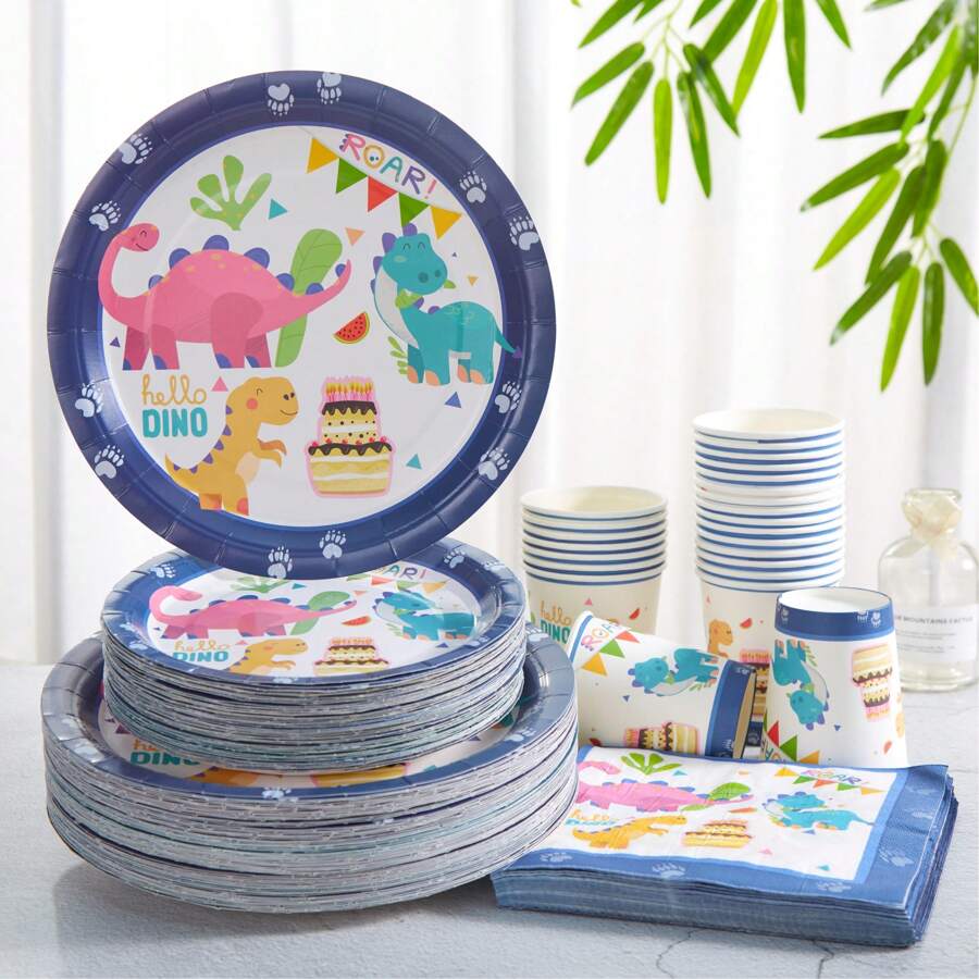 Dinosaur Party Supplies Set, 7/9 Inch Dinosaur Pattern Disposable Paper ...