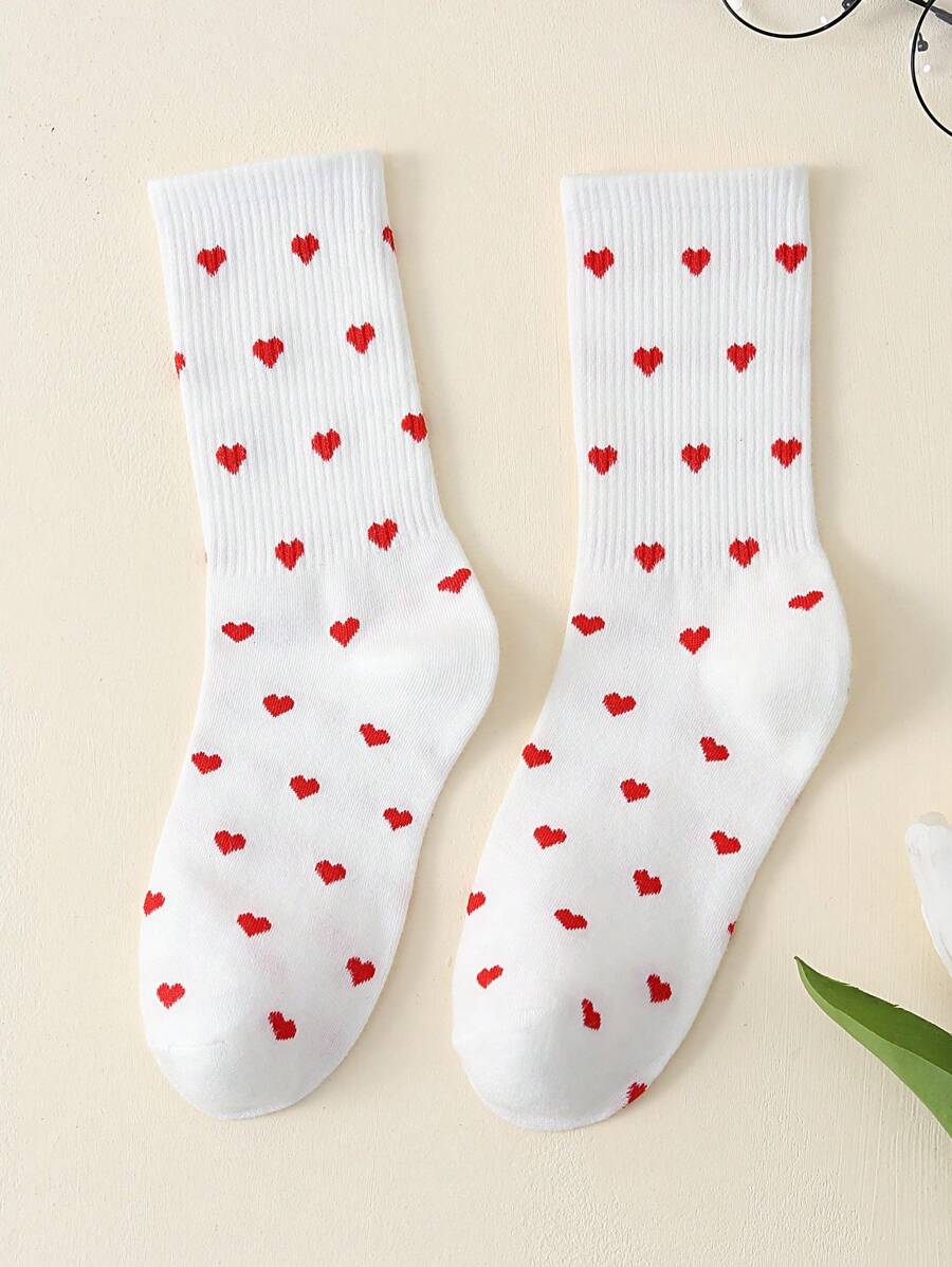 1/5 Pairs Of Heart-Shaped Round Neck Mid Tube Socks, Women's White ...