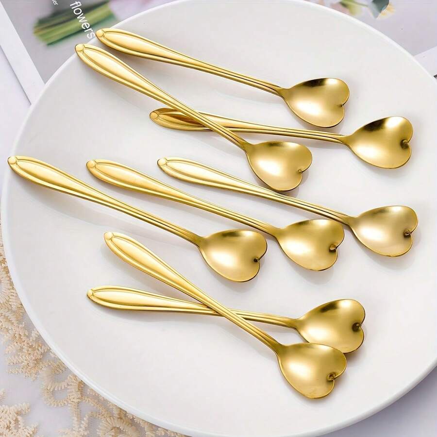 10pcs Stainless Steel Heart-Shaped Ice Spoon - Golden Mixing Spoon ...