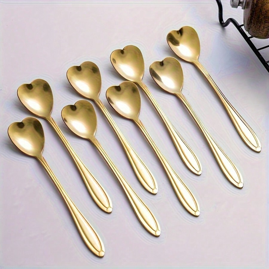 10pcs Stainless Steel Heart-Shaped Ice Spoon - Golden Mixing Spoon ...