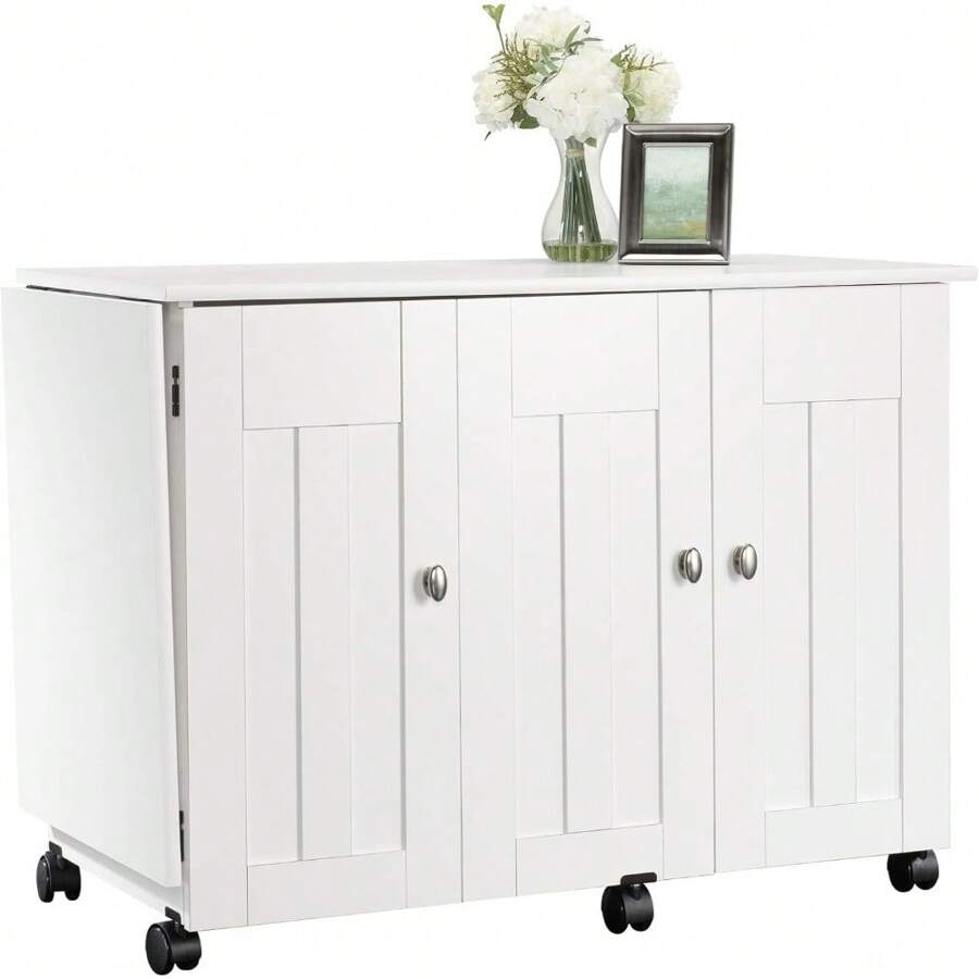 Folding Sewing Table & Craft Cart Storage Cabinet, In Soft White ...