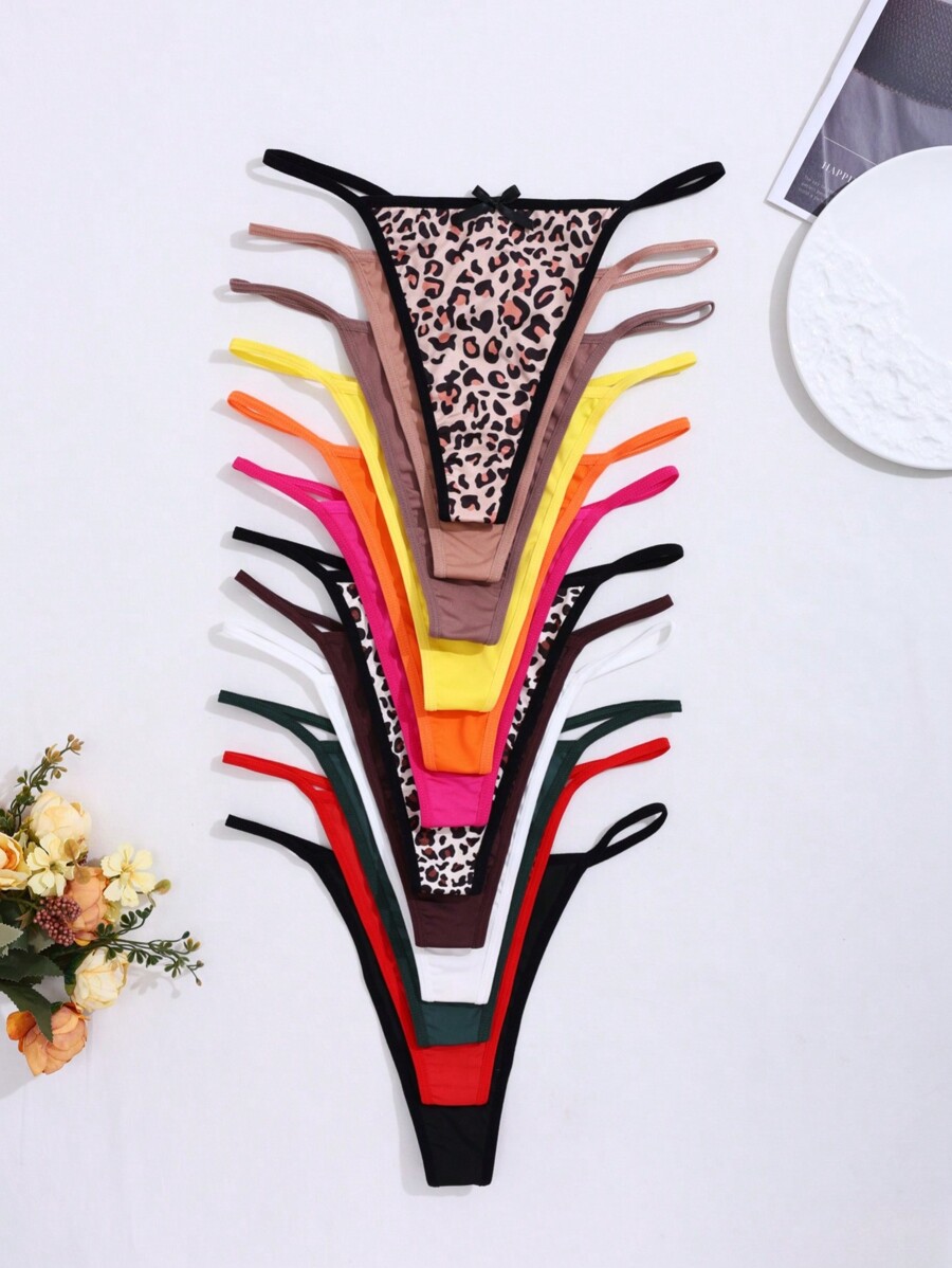 12pcs/Set Women Sexy Solid & Leopard Print Thong Panties With Bowknot ...
