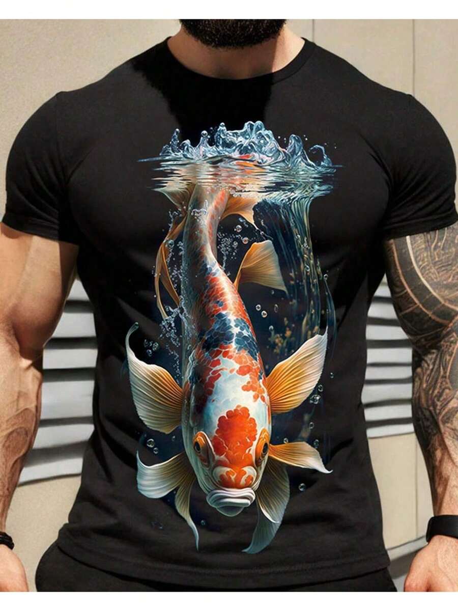 Men's Koi Fish T-Shirt In Black Cotton - Aquatic Design | SHEIN USA