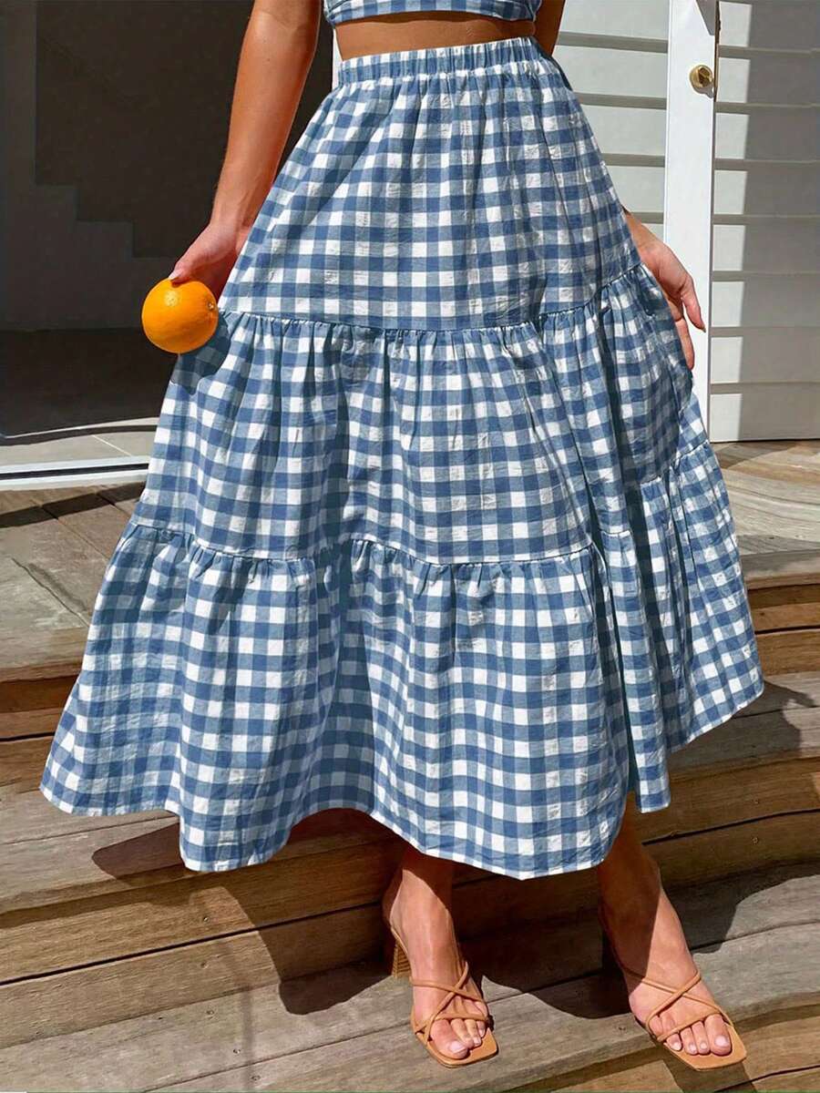 Women Casual Long Skirt Summer High Waist Skirt Solid Color/Plaid Skirt ...