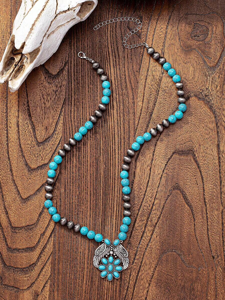 1 Pc Western Country Faux Pearl Turquoise Beaded Necklace For Women ...