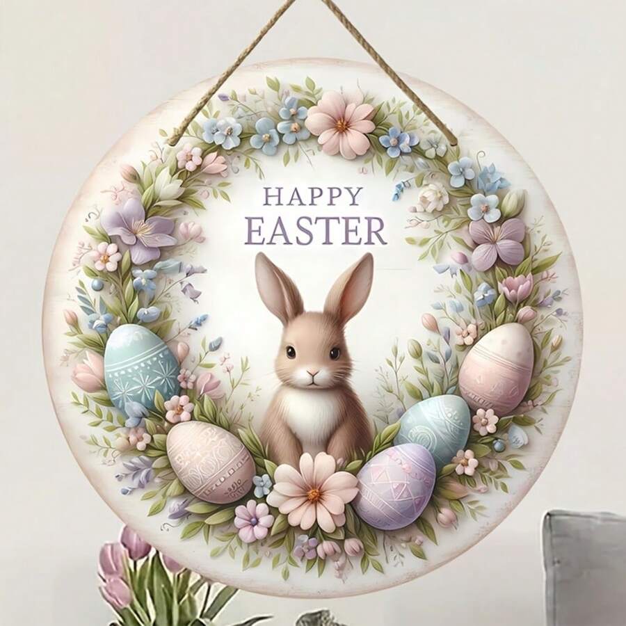 1 Happy Easter Wreath Logo In Retro Style -8x 8 Inch Wooden Round Wall ...