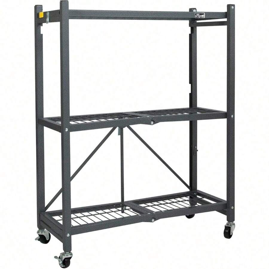 3 Tier Folding Shelves, Storage Shelving Rack Unit With Wheels, Pewter ...
