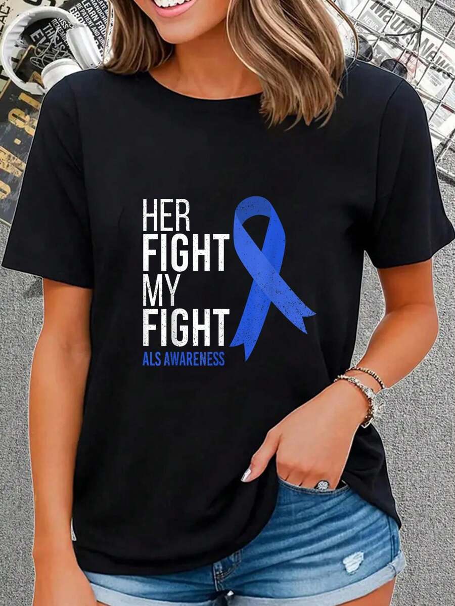 Her Fight Is My Fight ALS Awareness Blue Ribbon Support Team T-Shirt ...