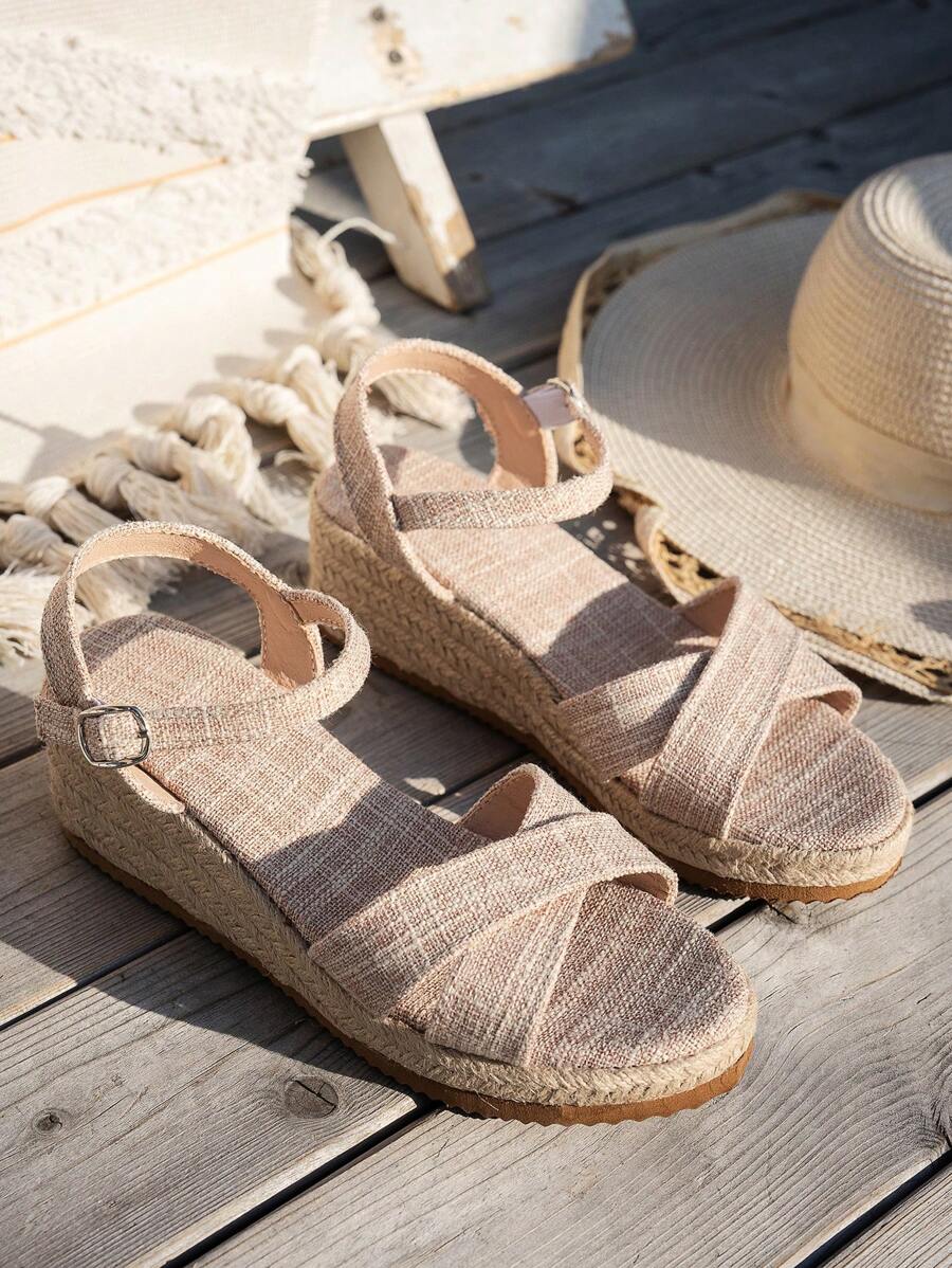 Beige Solid Color Peep-Toe Platform Wedge Sandals, Summer Lightweight ...