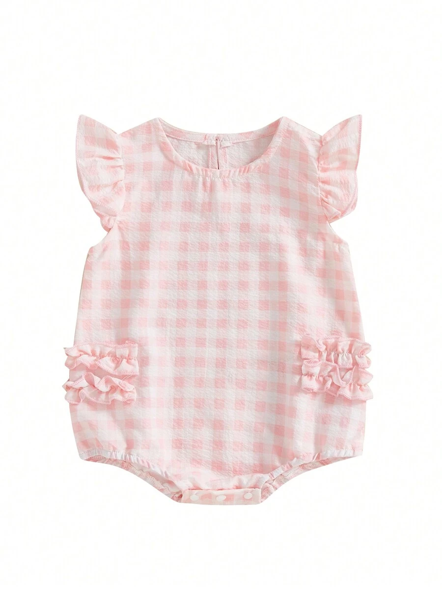 Baby Girls Rompers Plaid Frills Round Neck Fly Sleeve Infant Clothes ...