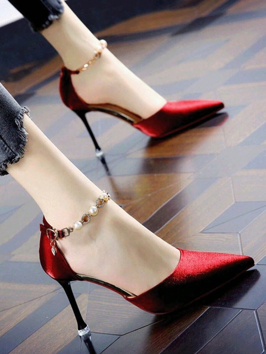 Women's Pearl Decor One-Strap Pointed Toe High Heel Pumps, Red; Women's ...