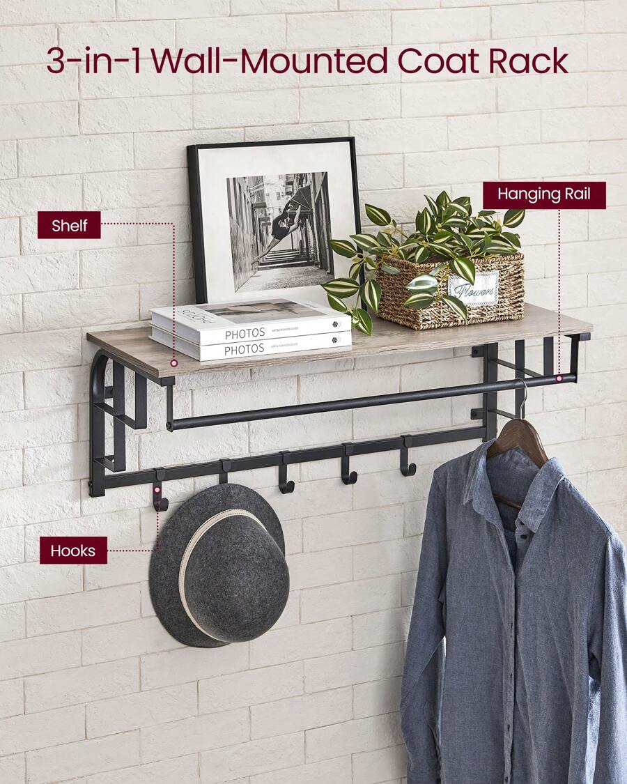 VASAGLE Coat Rack Wall-Mounted, Clothes Rail With 5 Removable Coat ...