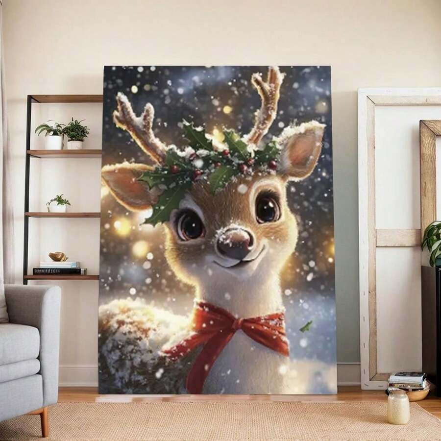 Wooden Framed Reindeer With A Red Ribbon On Its Head, Green Leaves And ...