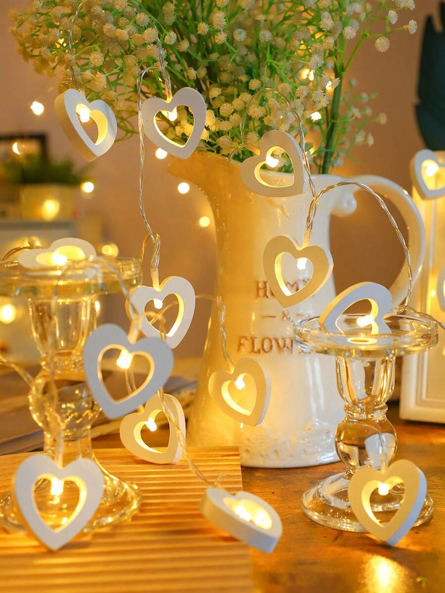 1pc 4.92/9.84ft Cute Wooden Heart-Shaped Decoration Light String ...