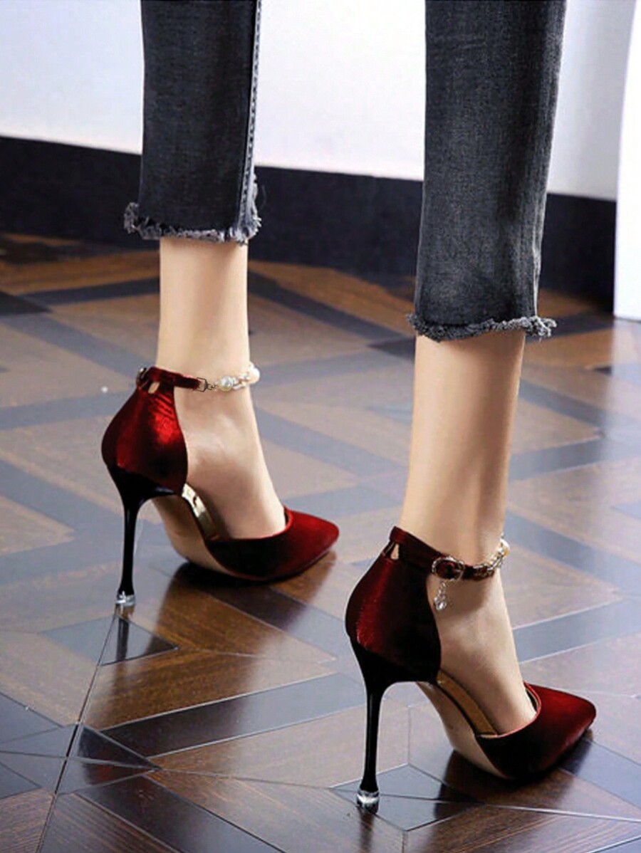 Women's Pearl Decor One-Strap Pointed Toe High Heel Pumps, Red; Women's ...