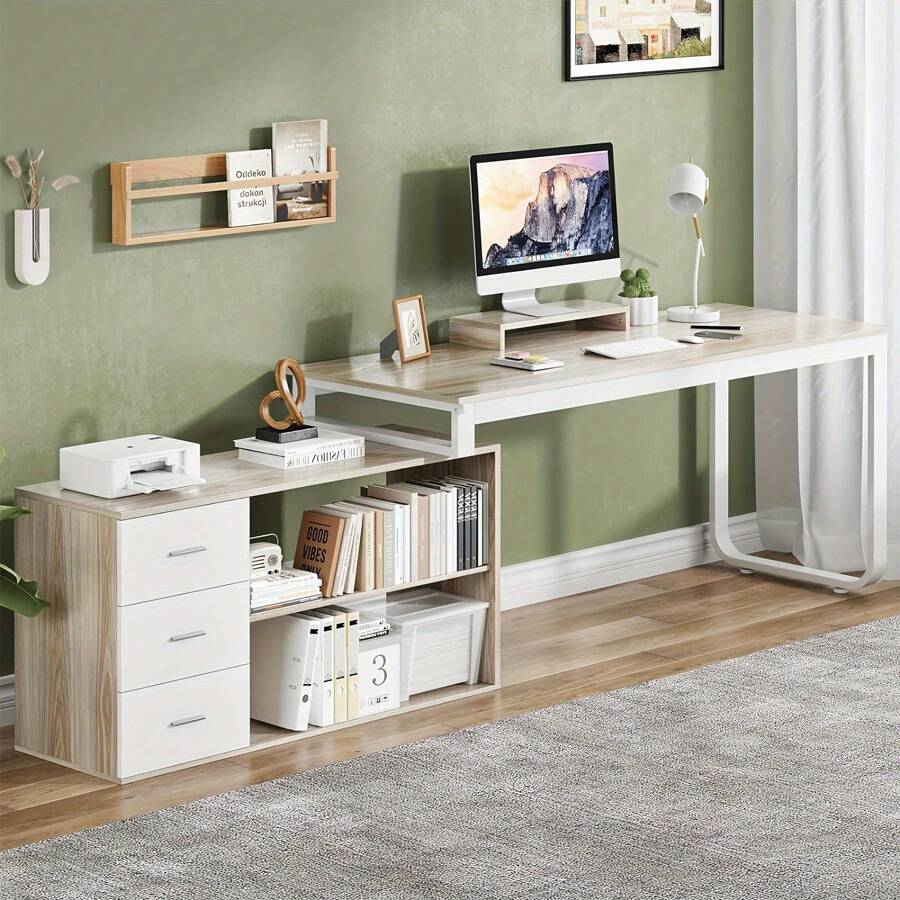 Corner Computer Desk With 3 Drawers And 2 Shelves - Spacious Long Desk ...