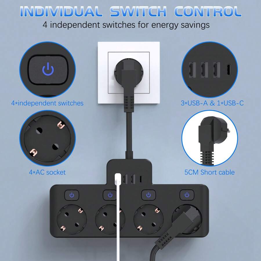 HITRENDS 8-In-1 Power Socket, 4-Way Power Socket, Individually ...