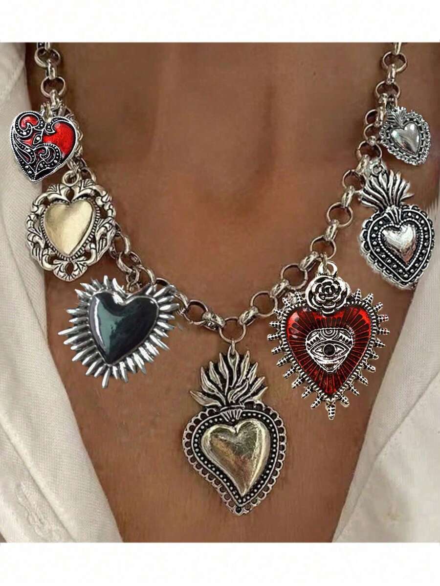 1PC Gothic Chunky Chain Charms Flaming Heart Statement Necklace Evil ...